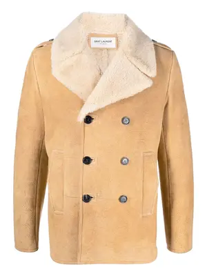Saint Laurent Double-breasted Shearling Pea Coat - Neutrals