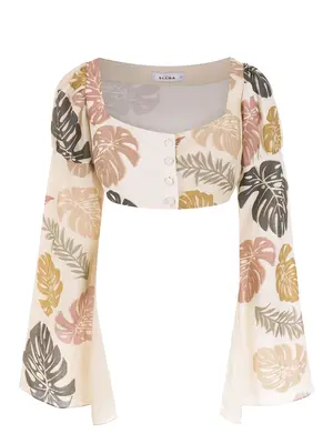 AMIR SLAMA Palm Leaf Print Cropped Shirt - Neutrals