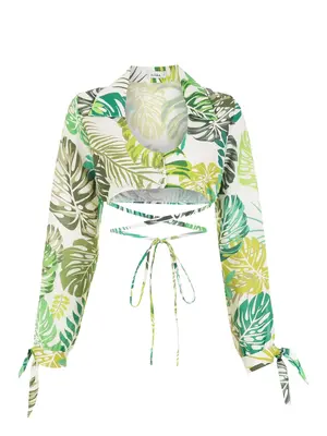AMIR SLAMA Palm Leaf Print Cropped Shirt - Green