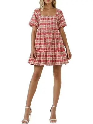 English Factory Tweed Babydoll Mini Dress - Red Multi