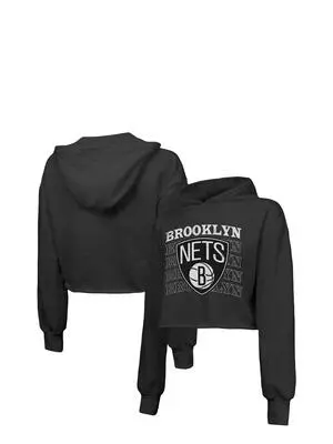 MAJESTIC THREADS Brooklyn Nets Repeat Cropped Tri-blend Pullover Hoodie - Black