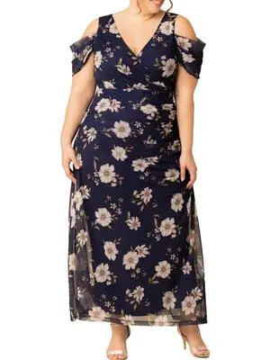 KIYONNA Kiyonna Seraphina Cold Shoulder Mesh Gown Navy Blooms