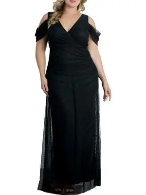 KIYONNA Kiyonna Seraphina Cold Shoulder Mesh Gown Onyx