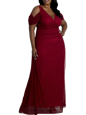 KIYONNA Kiyonna Seraphina Cold Shoulder Mesh Gown Pinot Noir
