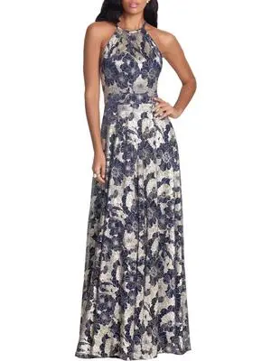 BETSY & ADAM Betsy & Adam Metallic Floral Halter A-Line Gown