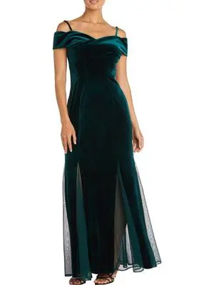 NIGHTWAY Cold Shoulder Velvet Gown - Hunter