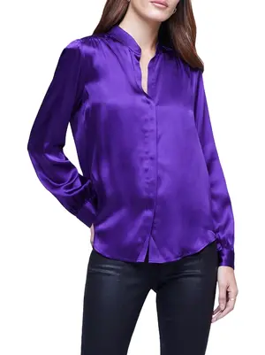 L'Agence L'AGENCE Bianca Silk Satin Blouse Deep Violet