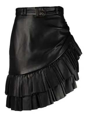 Balmain Short Asymmetric Ruffled Leather Skirt - Black