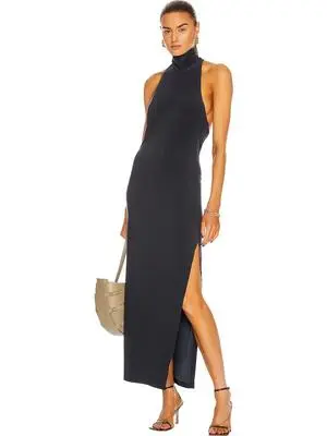 Norma Kamali Halter Turtleneck Side Slit Dress - Pewter
