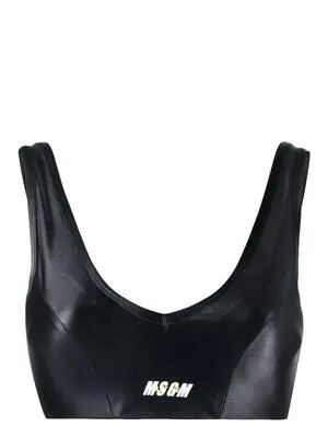 MSGM Logo Print Plunge V-neck Crop Top - Black