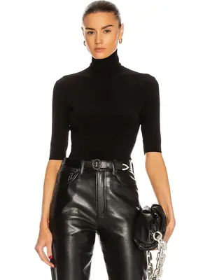 Norma Kamali Slim Fit Short Sleeve Turtleneck Top - Black