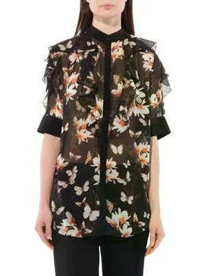 Givenchy Sheer Floral-print Band Collar Blouse - Black
