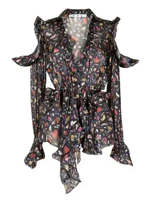 Off-White Floral Print Ruffle Blouse - Multicolour
