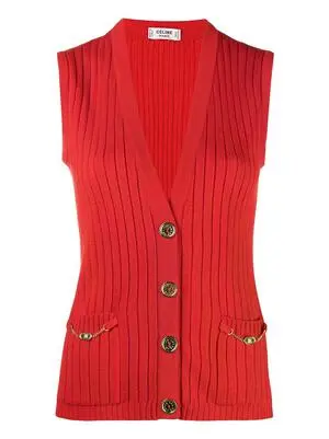 Celine 1980s Ribbed Knit Vest - Red