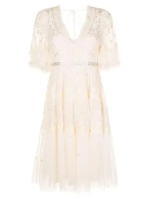 NEEDLE & THREAD Floral-embroidered A-line Dress - Neutrals