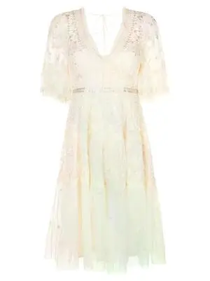 NEEDLE & THREAD Floral-embroidered A-line Dress - Neutrals