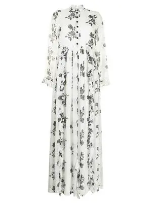MACGRAW Rose Print Long Dress With Ruffle Trim - White