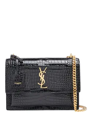 Saint Laurent SAINT LAURENT Croc Embossed Leather Shoulder Bag Black