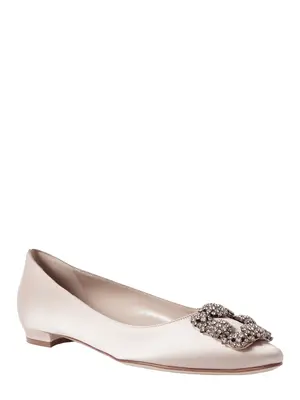 Manolo Blahnik Manolo Blahnik Hangisi Crystal-Embellished Satin Flats Neutrals