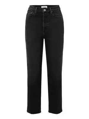 RE/DONE 70s Stove Pipe Cropped Distressed High-rise Straight-leg Jeans - Black