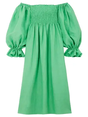 Sleeper SLEEPER + Net Sustain Atlanta Off-the-shoulder Shirred Linen Midi Dress Green