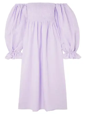 Sleeper SLEEPER + Net Sustain Atlanta Off-the-shoulder Shirred Linen Midi Dress Purple