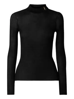 Saint Laurent Ribbed Silk Turtleneck Top - Black