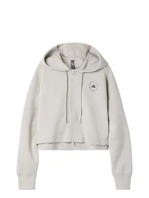 Adidas By Stella McCartney Cropped Organic Cotton-blend Jersey Hoodie - Gray Green