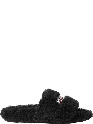Balenciaga Furry Logo-embroidered Faux Shearling Slides - Black