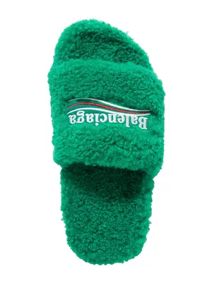 Balenciaga Balenciaga Furry Logo-embroidered Faux Shearling Slides Green