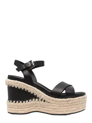 Ash Raffia Wedge Leather Sandals - Black