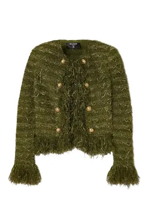 Balmain Fringed Tweed Jacket Green