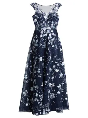 Rickie Freeman For Teri Jon Embroidered Tulle Gown - Navy Silver