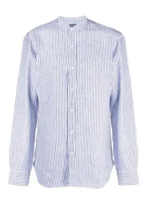 BARBA NAPOLI Band-collar Striped Linen Shirt