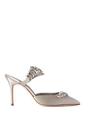 Manolo Blahnik Lurum 90 Crystal-Embellished Mules Light Gray
