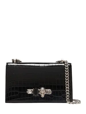 Alexander McQueen Croc-embossed Jeweled Shoulder Bag - Nero
