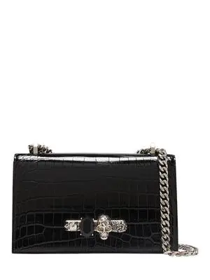 Alexander McQueen Croc-embossed Jeweled Shoulder Bag - Nero