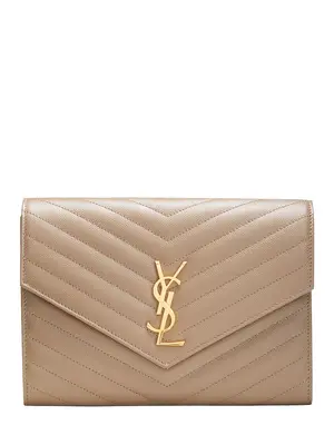 Saint Laurent Monogram Flap Clutch Taupe