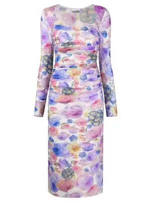 GANNI Floral-print Ruched Midi Dress - Blue