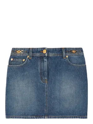 Versace Icons Embellished Denim Mini Skirt - Blue
