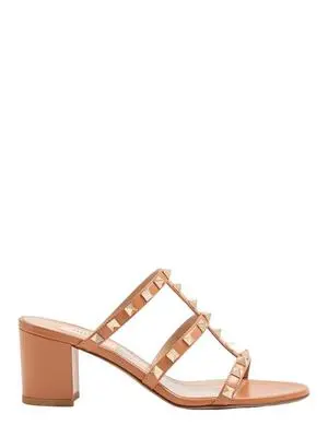Valentino Garavani Rockstud Calfskin Leather Slide Sandal Almond