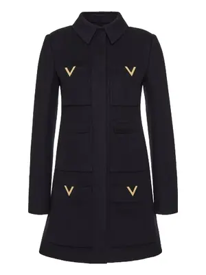 Valentino Garavani Valentino Double-Breasted Compact Drap Coat With Fur Trim Navy
