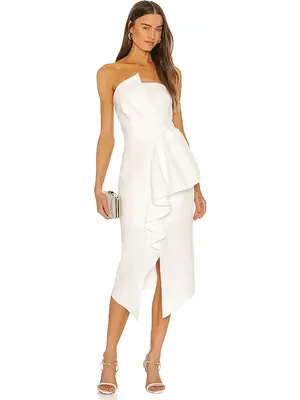 ELLIATT Strapless Asymmetrical Ruffled Midi Dress - Ivory