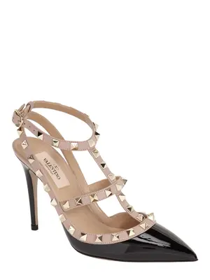 Valentino Garavani Valentino Garavani Rockstud T-Strap Pointed Toe Pumps Black/ Blush Patent