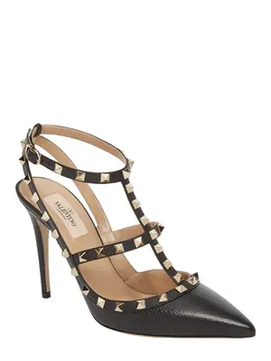 Valentino Garavani Valentino Garavani Rockstud T-Strap Pointed Toe Pumps Black Leather
