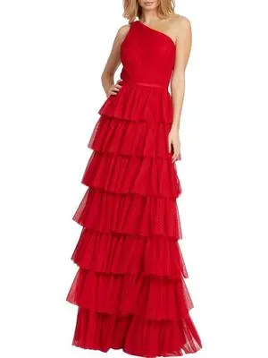 Mac Duggal Ruffled One-shoulder A-line Gown - Red