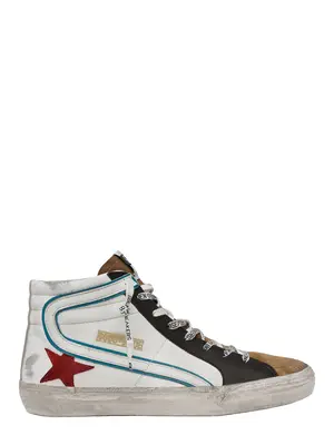 GOLDEN GOOSE Slide High-Top Sneaker White/ Elk Brown/ Ruby