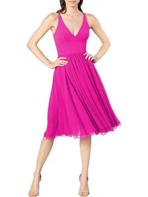 Dress The Population Alicia Mixed Media Midi Dress - Bright Fuchsia