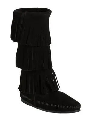 Minnetonka 3-layer Fringe Boots - Black Suede