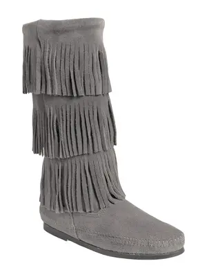 Minnetonka Minnetonka 3-Layer Fringe Boots Grey Suede